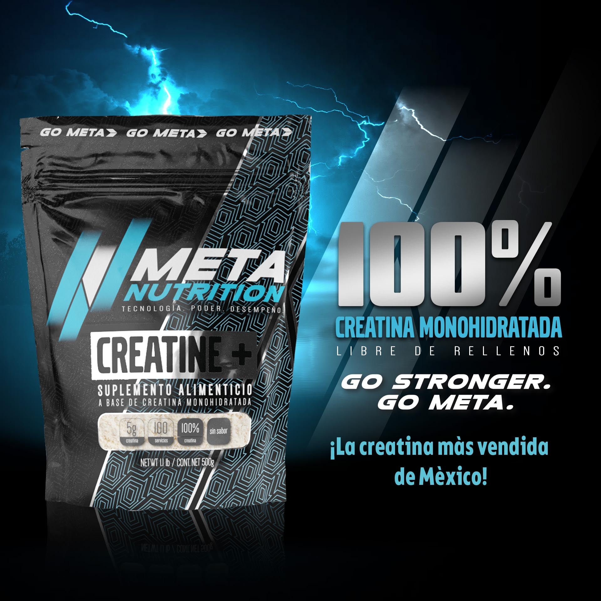 Meta Nutrition, Creatina Monohidratada Micronizada de alta pureza, 500g